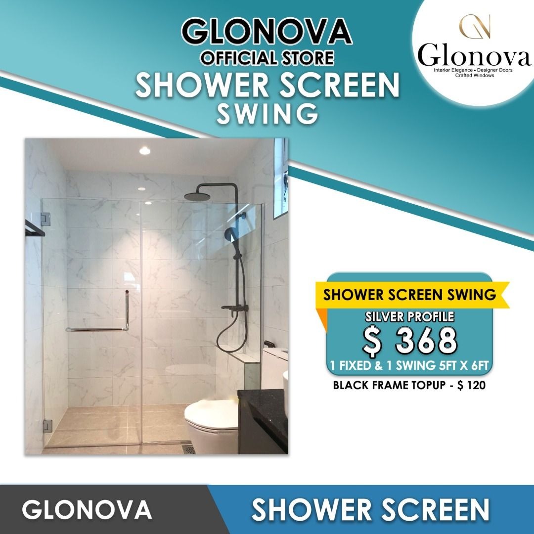 Bathroom Shower Screen Swing | 1 Fixed + 1 Swing Panel | HDB / Condo ...