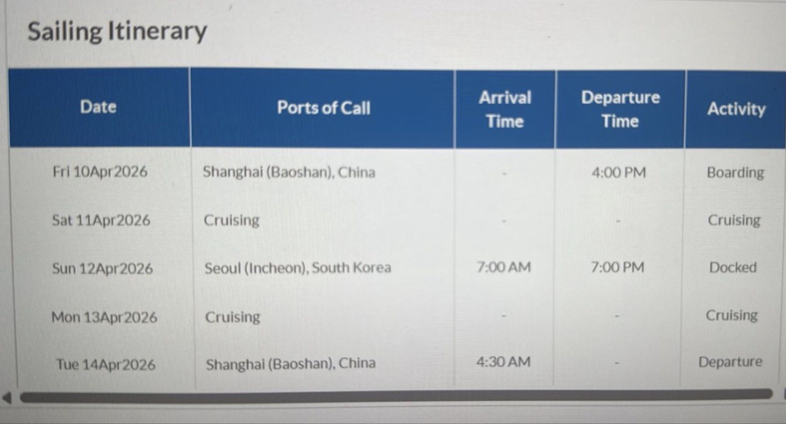 Cruise Itinerary - Shanghai, Seoul, Hobbies & Toys, Books & Magazines ...