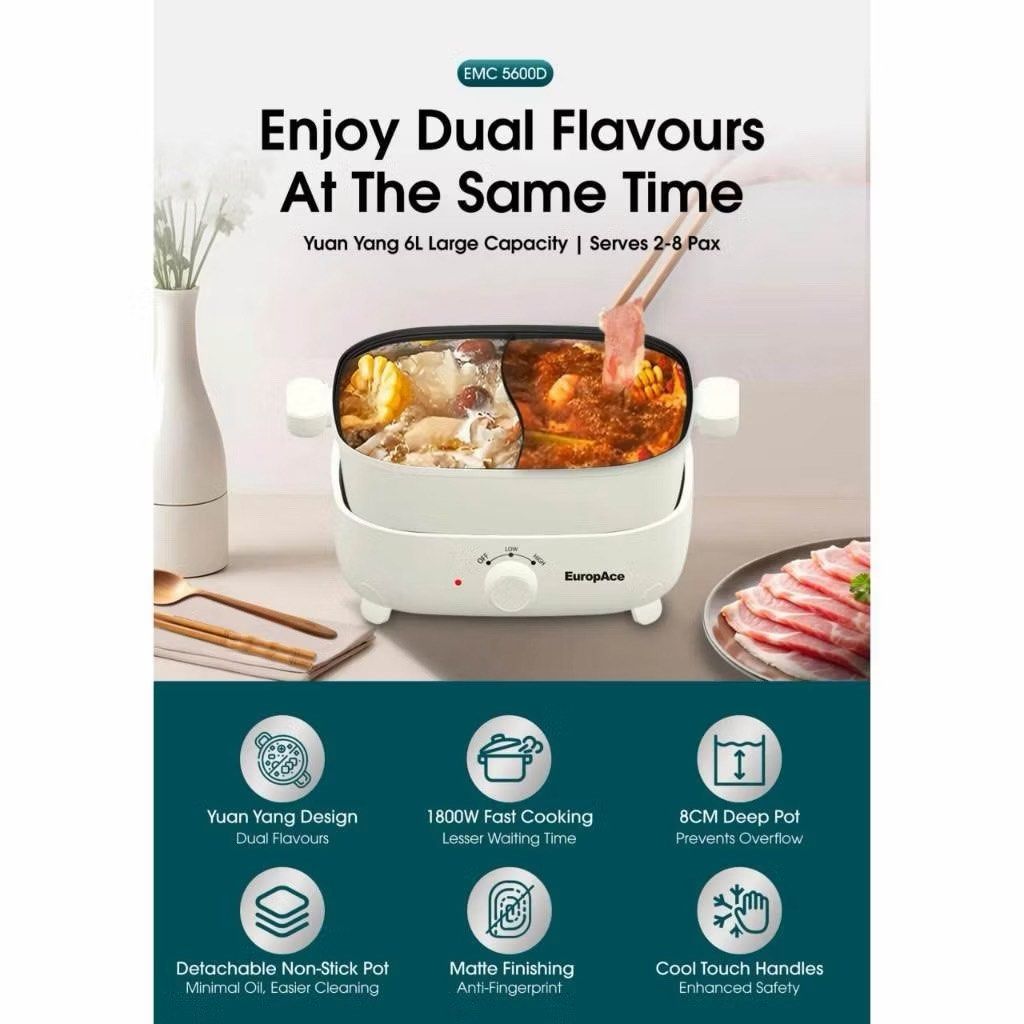 EuropAce 6L Non-Stick Yuan Yang Multi-Cooker Hotpot 1800W | EMC5600D ...