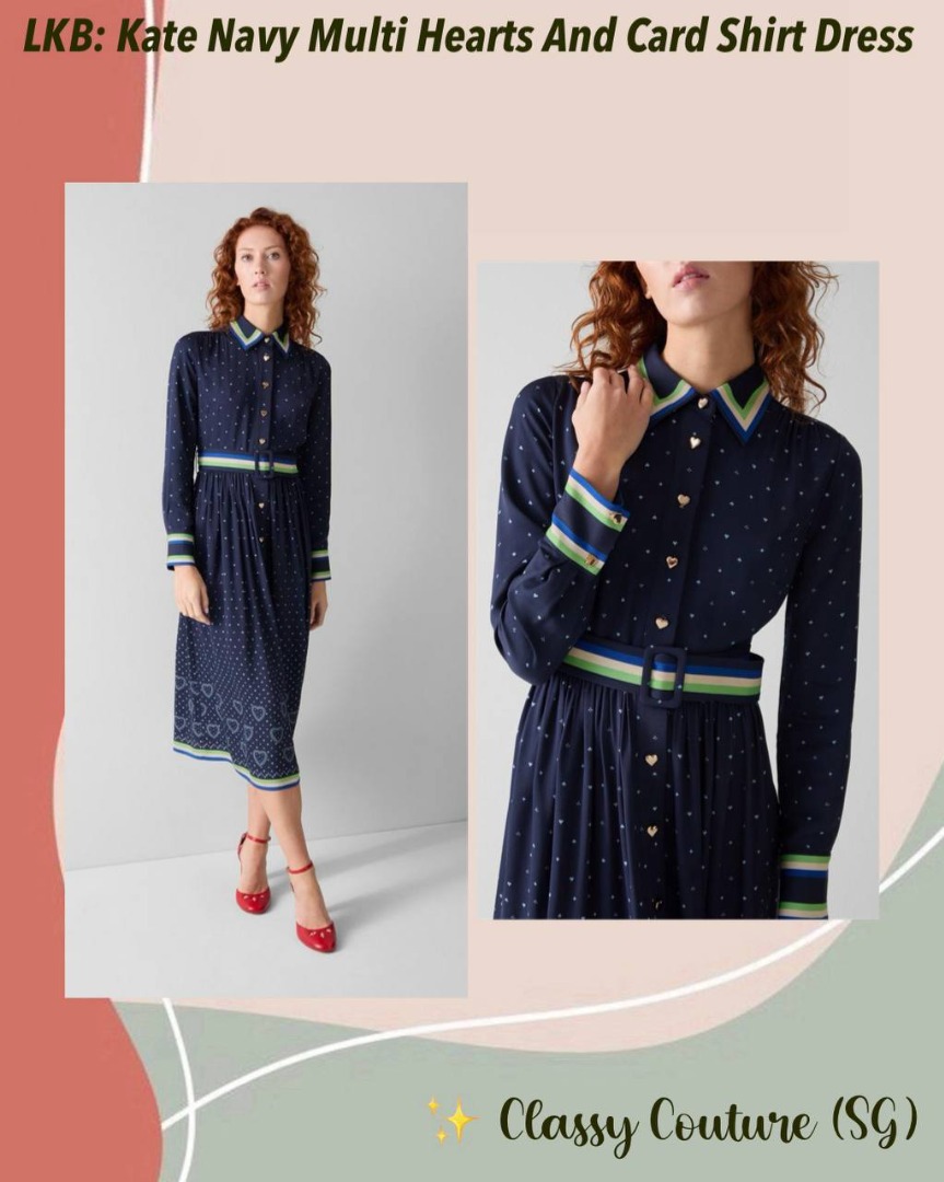 LK Bennett Kate Navy Multi Hearts And Card Shirtdress Midi Dress, Women ...