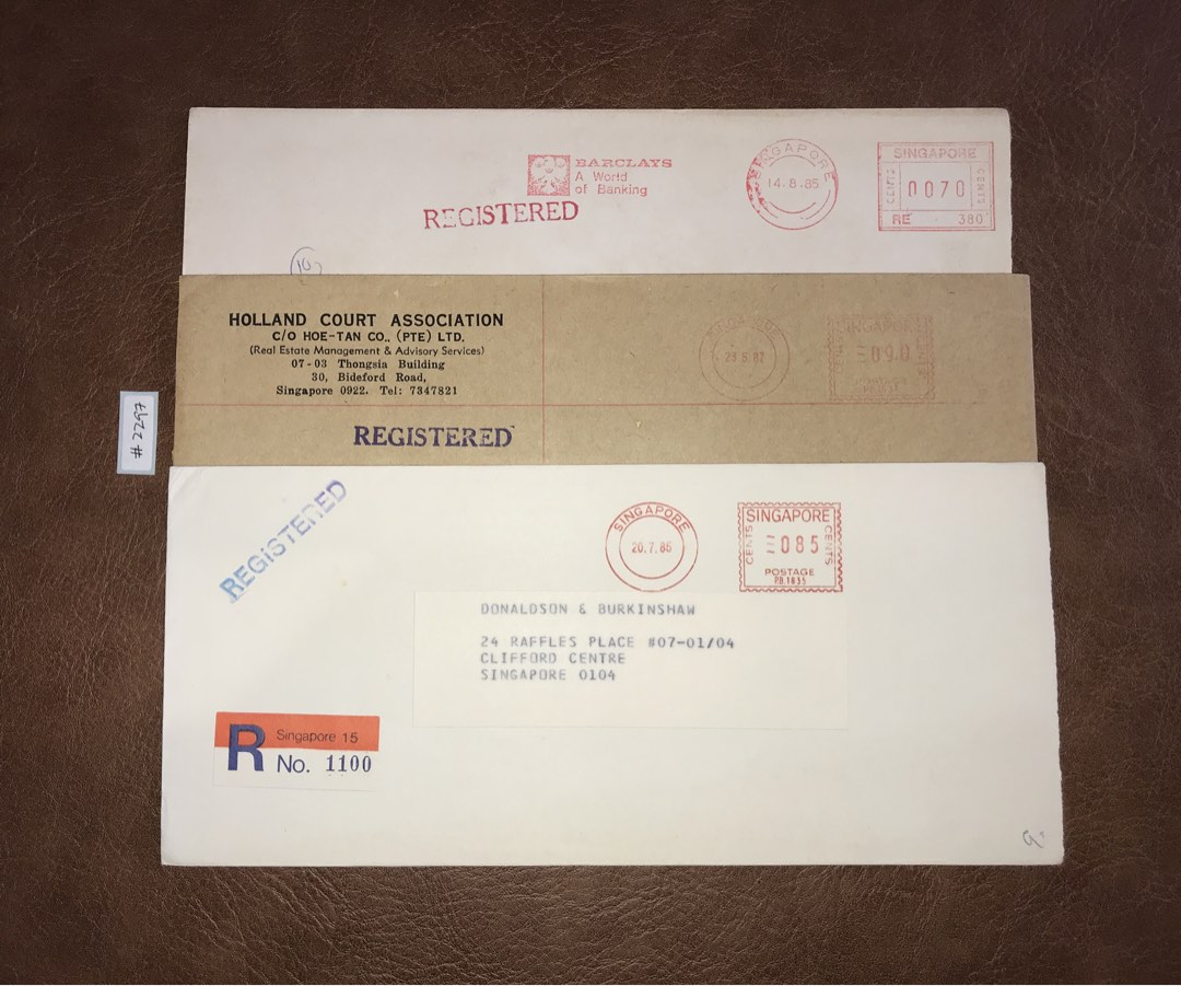 1980s Singapore registered mail x 3pcs, one with Barclays Bank meter ...