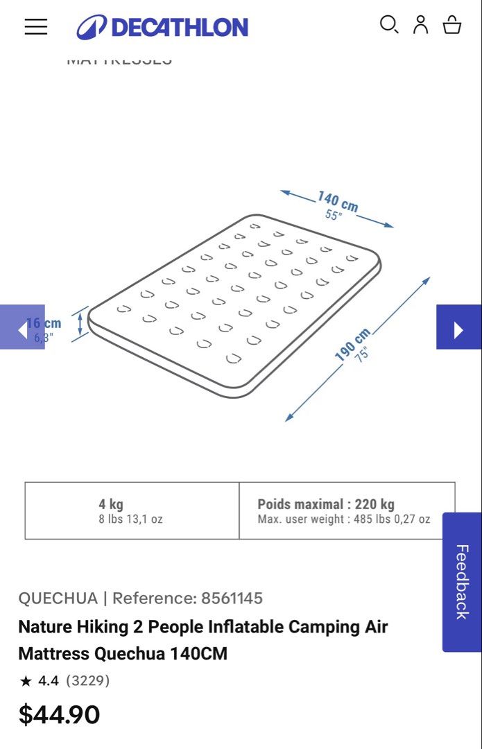 Quechua Nature Hiking 2 Person Air Mattress 140CM, Furniture & Home ...