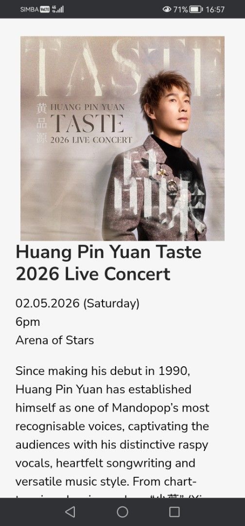Huang Pin Yuan Taste 2026 Live Concert Tickets, Tickets & Vouchers ...