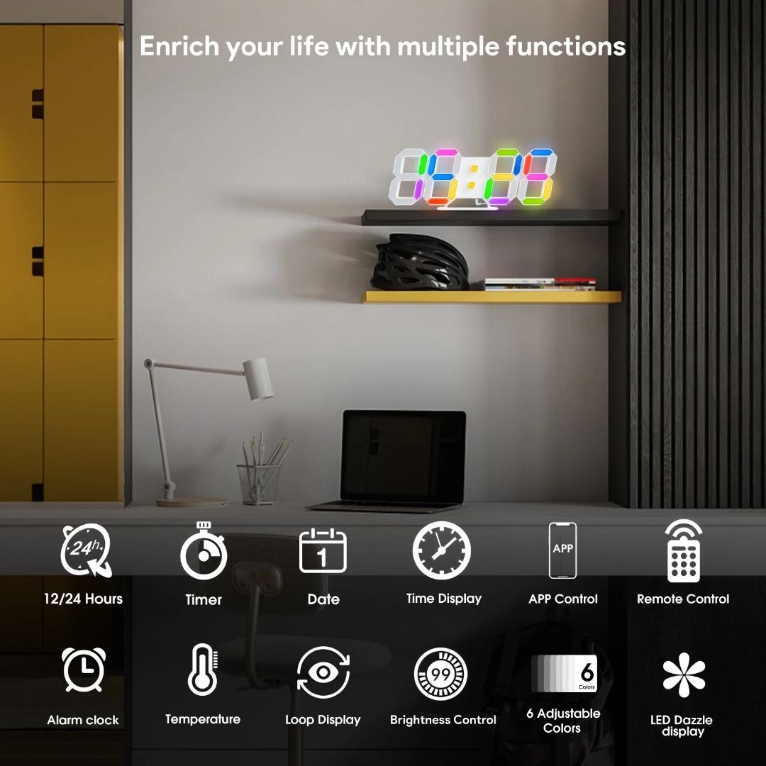 Deeyaple Tuya 9.7Inch Digital Clock 3D Led Color Alarm Clocks Nordic ...