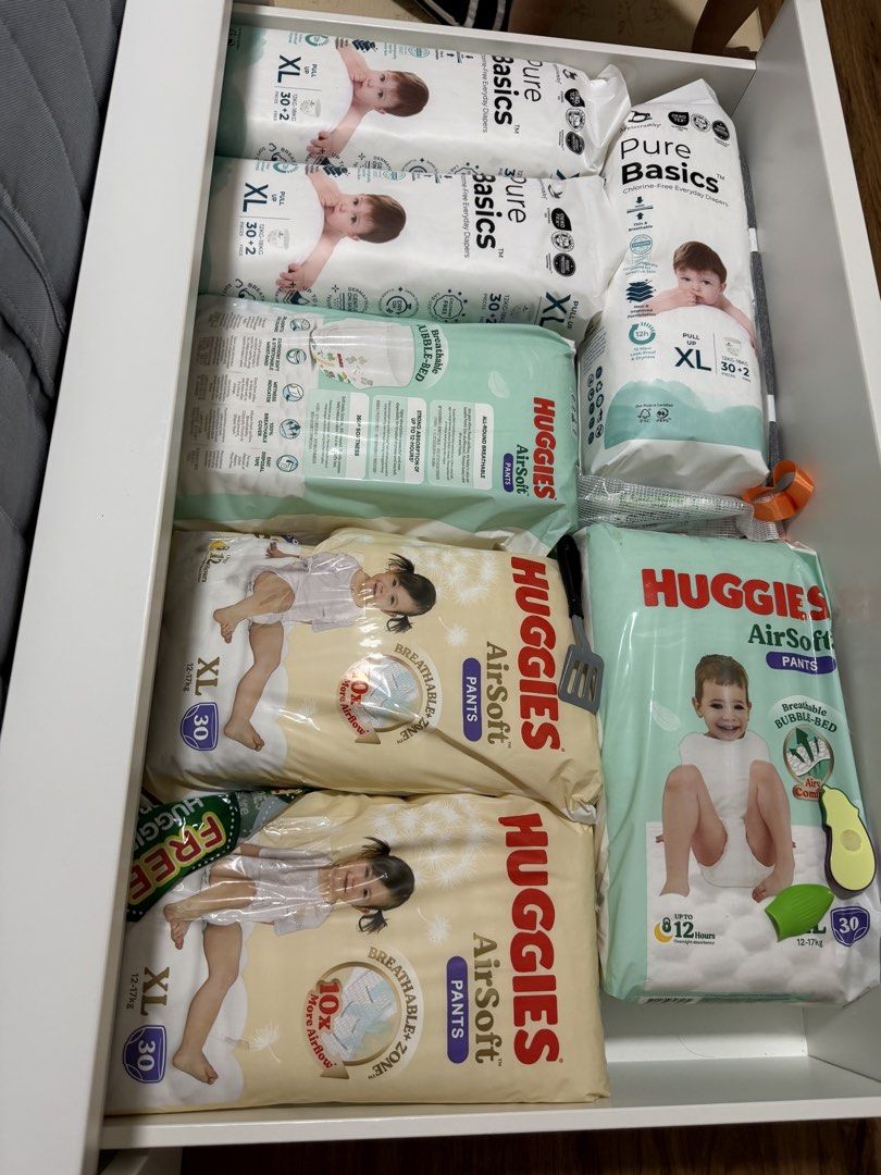 Huggies AirSoft & Pure Basics Diapers - XL Size, Babies & Kids, Bathing ...