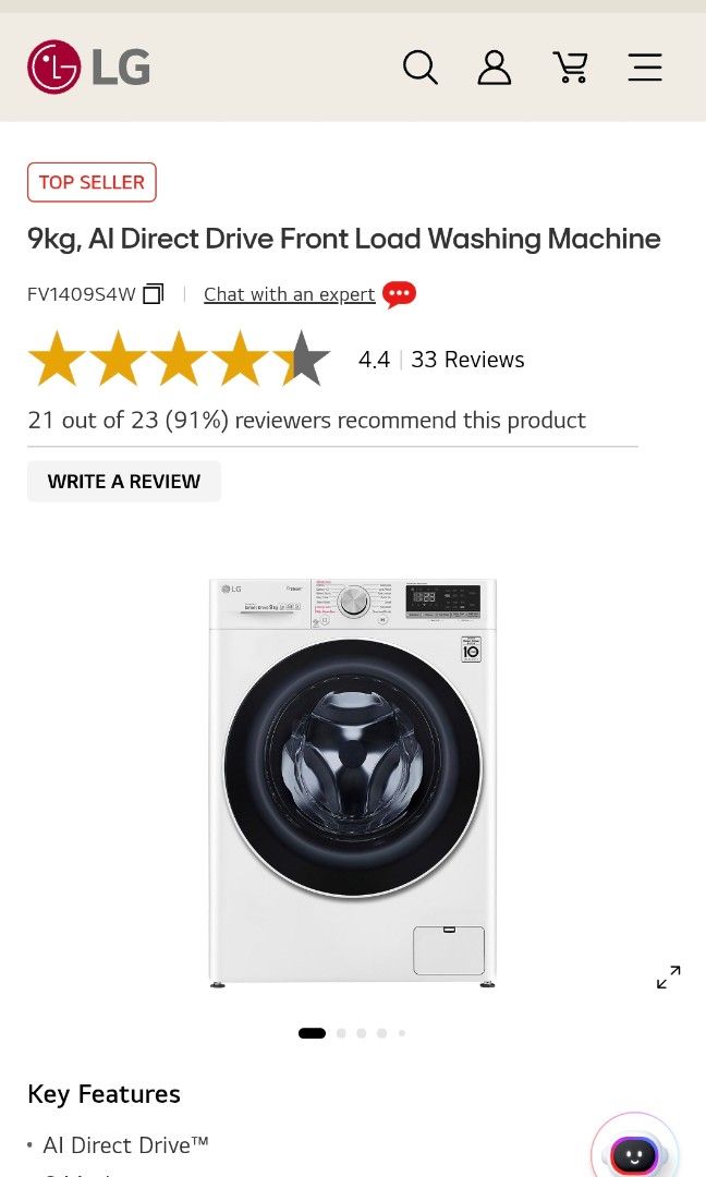LG 9kg, AI Direct Drive Front Load Washing Machine, TV & Home ...