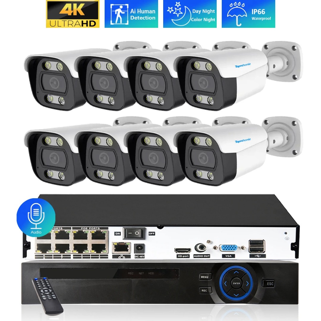 8CH 4K CCTV Security Camera System H.265 8MP Audio Record IP66 Outdoor ...