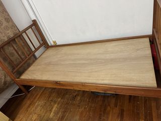Wooden Single Bed Frame with Thick Mattress, Furniture & Home Living ...