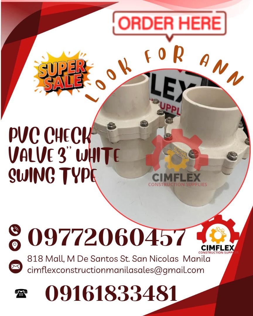 PVC CHECK VALVE 3'' WHITE SWING TYPE, Furniture & Home Living, Home ...
