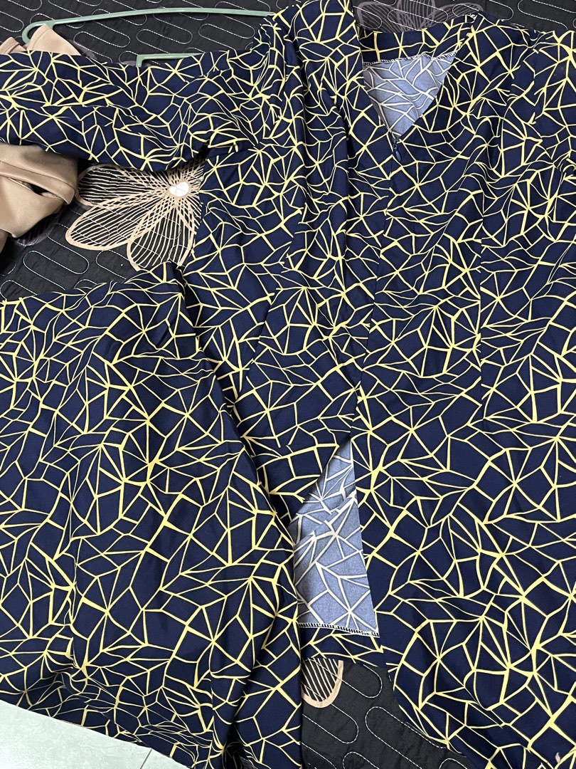 Navy Blue Geometric Pattern Baju Kurung, Women's Fashion, Muslimah ...