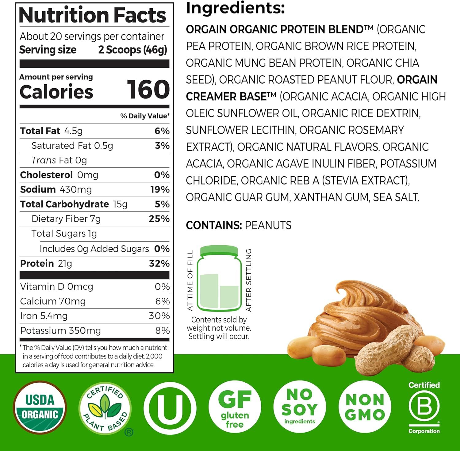 Orgain Peanut Butter Organic Plant Protein Powder, Peanut Butter, 920 ...