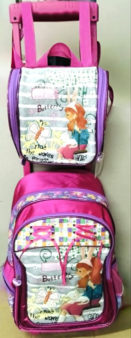 Pink Trolley Bag Girl & Butterfly Design with Thermal Lunch Bag, Women ...