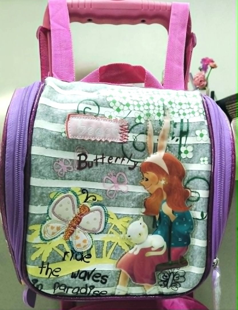Pink Trolley Bag Girl & Butterfly Design with Thermal Lunch Bag, Women ...