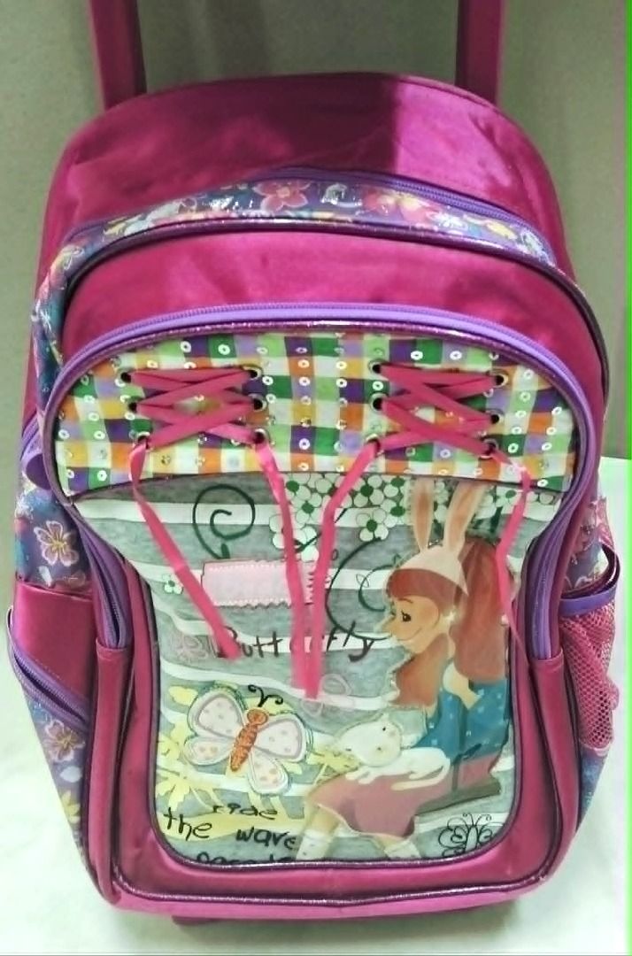 Pink Trolley Bag Girl & Butterfly Design with Thermal Lunch Bag, Women ...