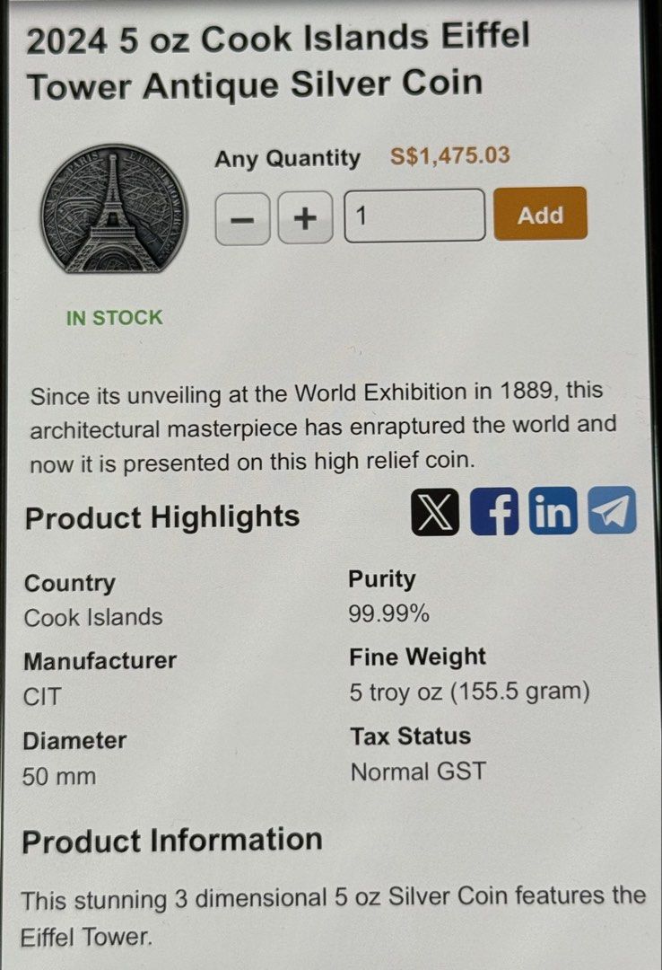 2024 Cook Islands Eiffel Tower Antique Silver Coin 5 Oz, Hobbies & Toys ...