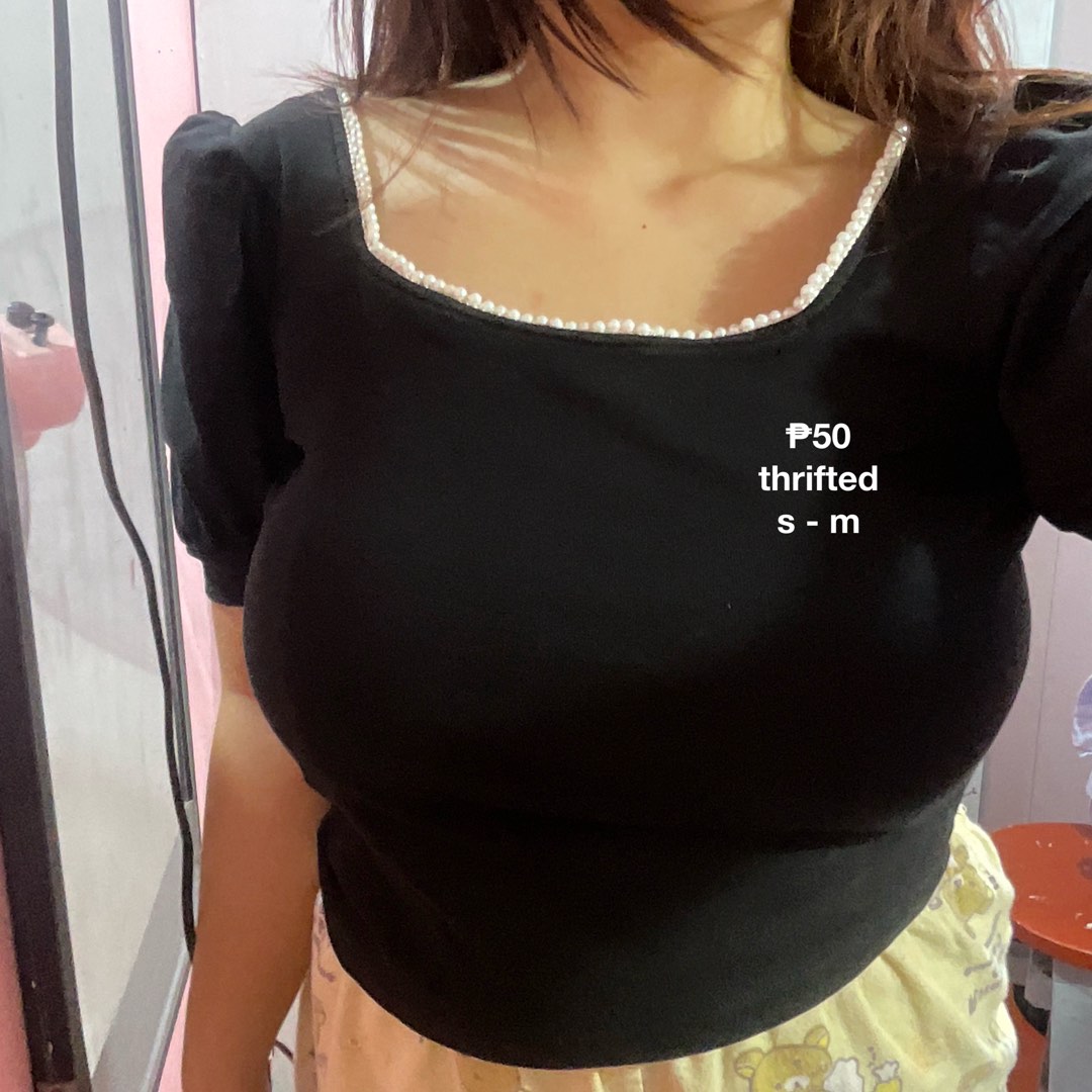 Coquette Black Pearl Trim Cropped Top, Women's Fashion, Tops ...