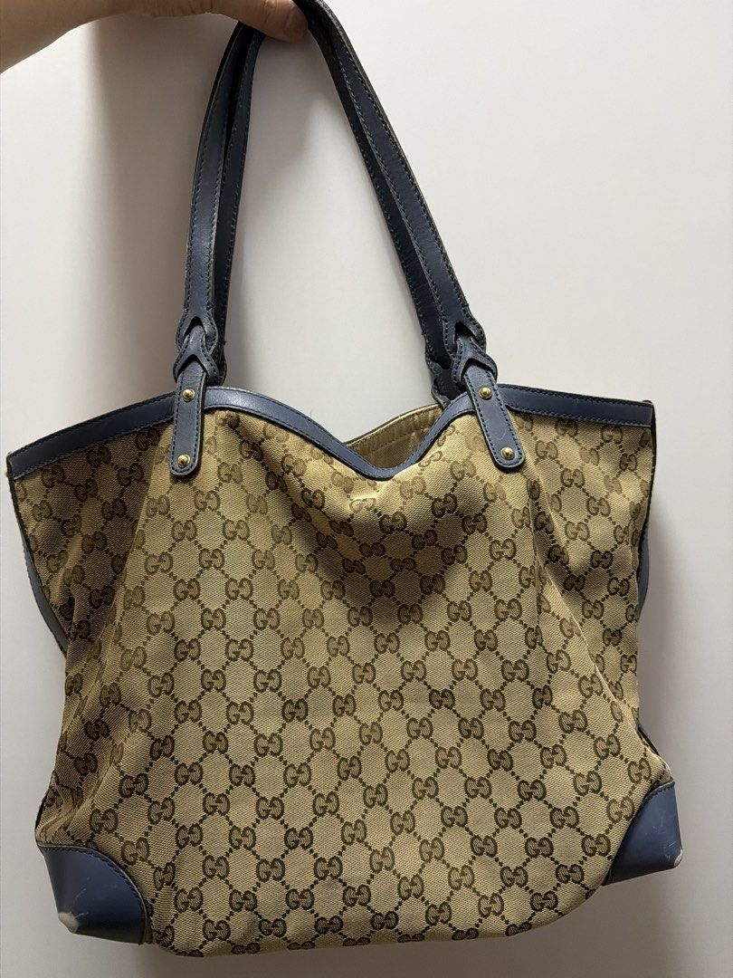 Gucci GG Canvas Tote Bag with Blue Leather Trim, Luxury, Bags & Wallets ...
