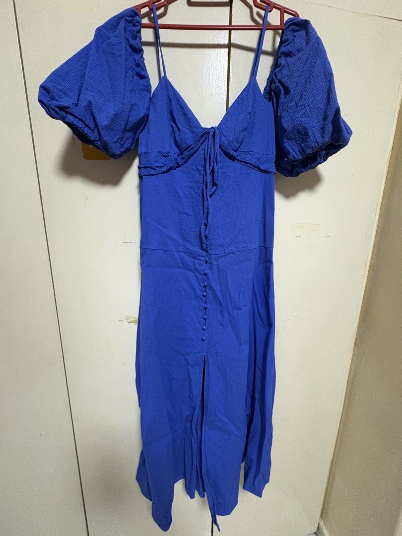 Pomelo Blue Midi Dress with Puff Sleeves, Women's Fashion, Dresses ...