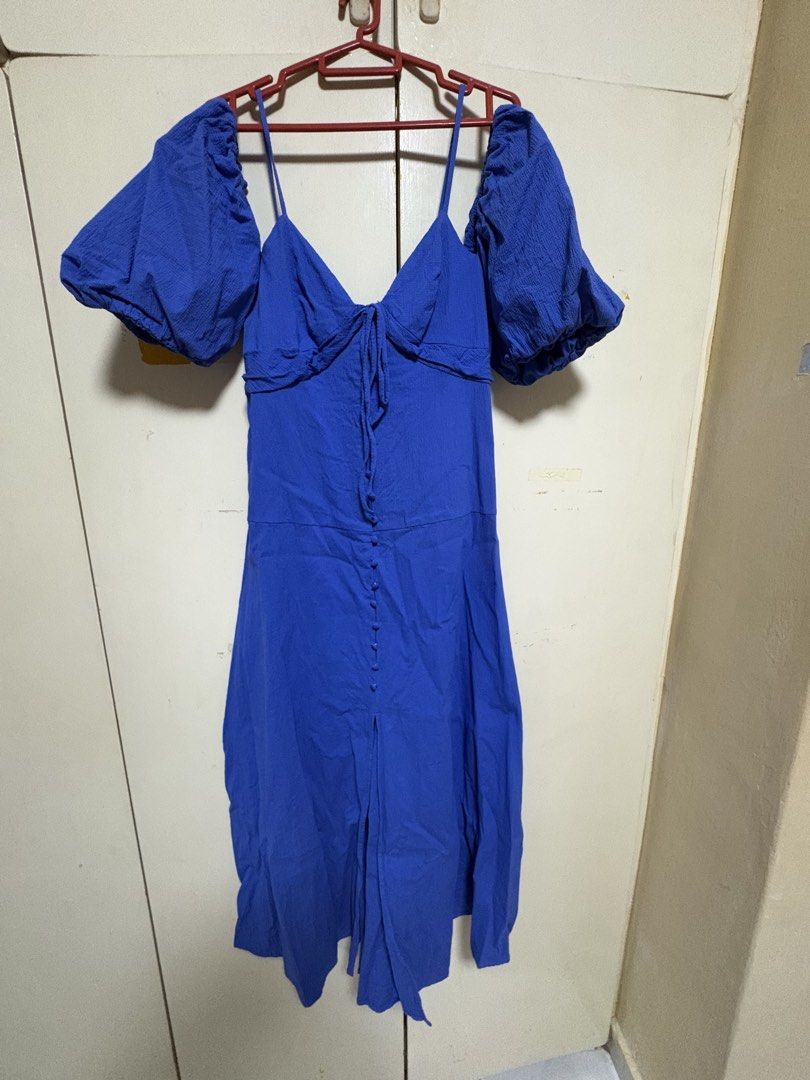 Pomelo Blue Midi Dress with Puff Sleeves, Women's Fashion, Dresses ...