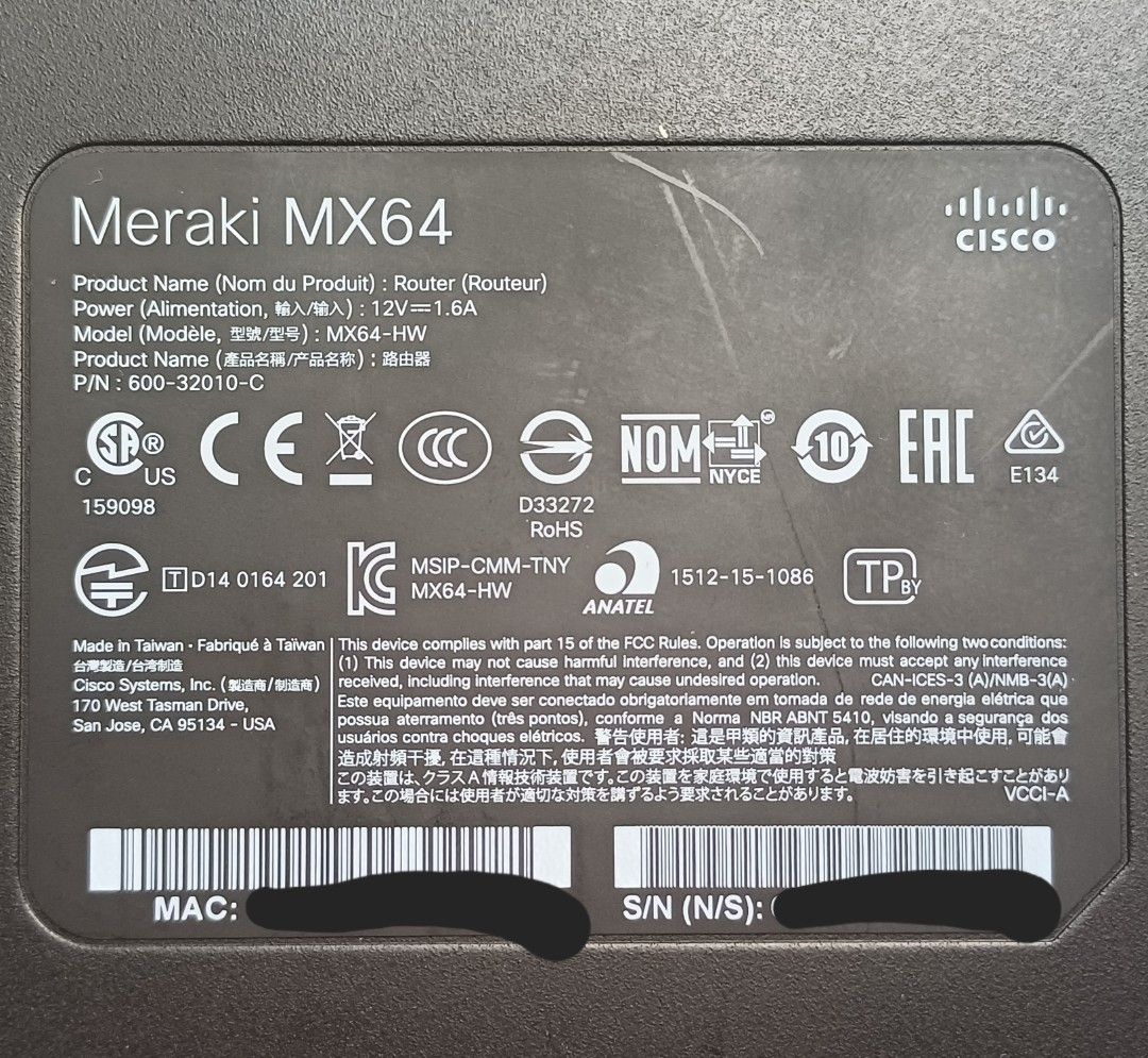 Cisco Meraki MX64-HW Firewall and Router, Computers & Tech, Parts ...