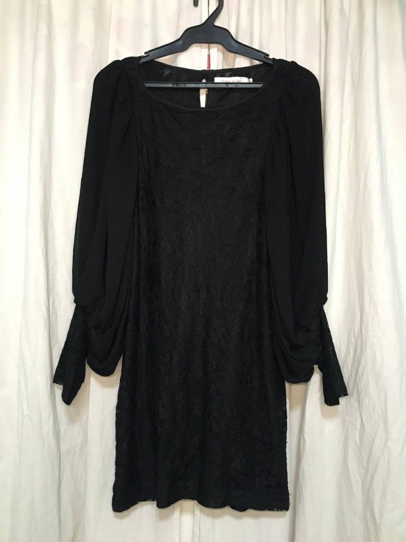 Frank Jessie Lace dress w/ sheer bishop sleeves & ribbon details at the ...