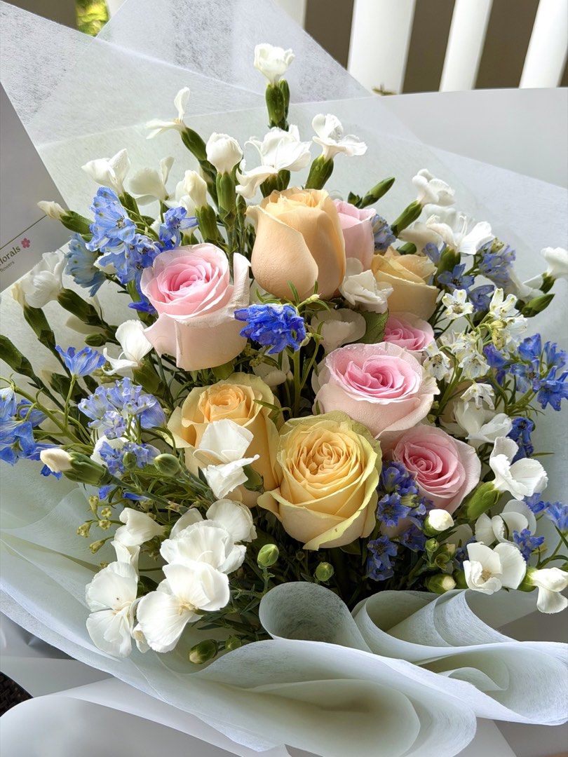 Fresh Roses, Carnation Sprays, Delphiniums flower bouquet, Hobbies ...
