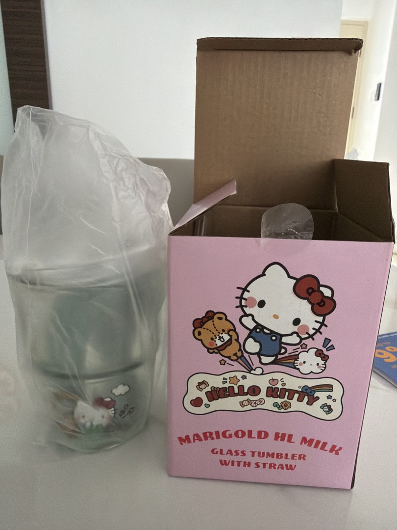MARIGOLD HL Milk x Hello Kitty Glass Tumbler (Blue Design), Furniture ...