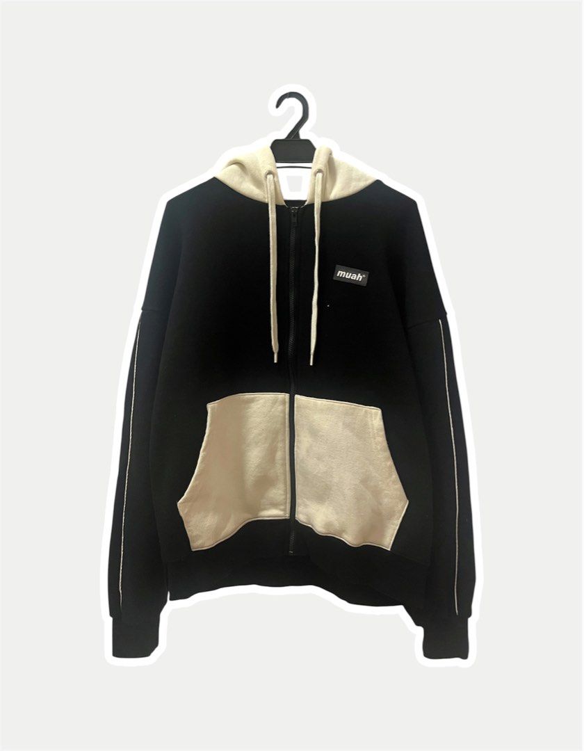 Muah Black and White Zip-Up Hoodie, Men's Fashion, Tops & Sets, Hoodies ...