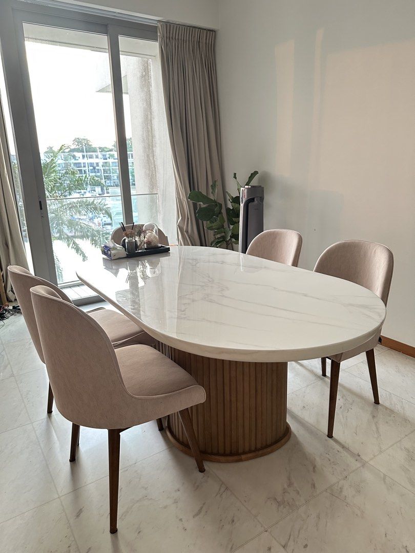 Oval Marble Dining Table with 4 Velvet Chairs, Furniture & Home Living ...