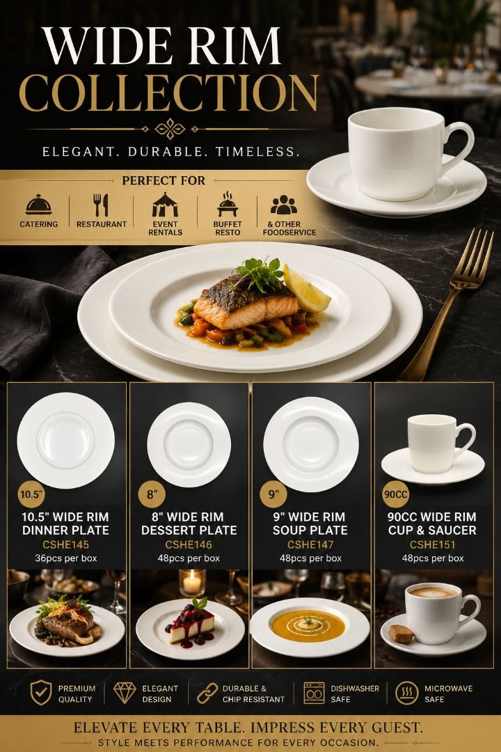 WHITE CERAMIC WIDE RIM PLATE DINNER PLATE, DESSERT PLATE, PASTA PLATE ...