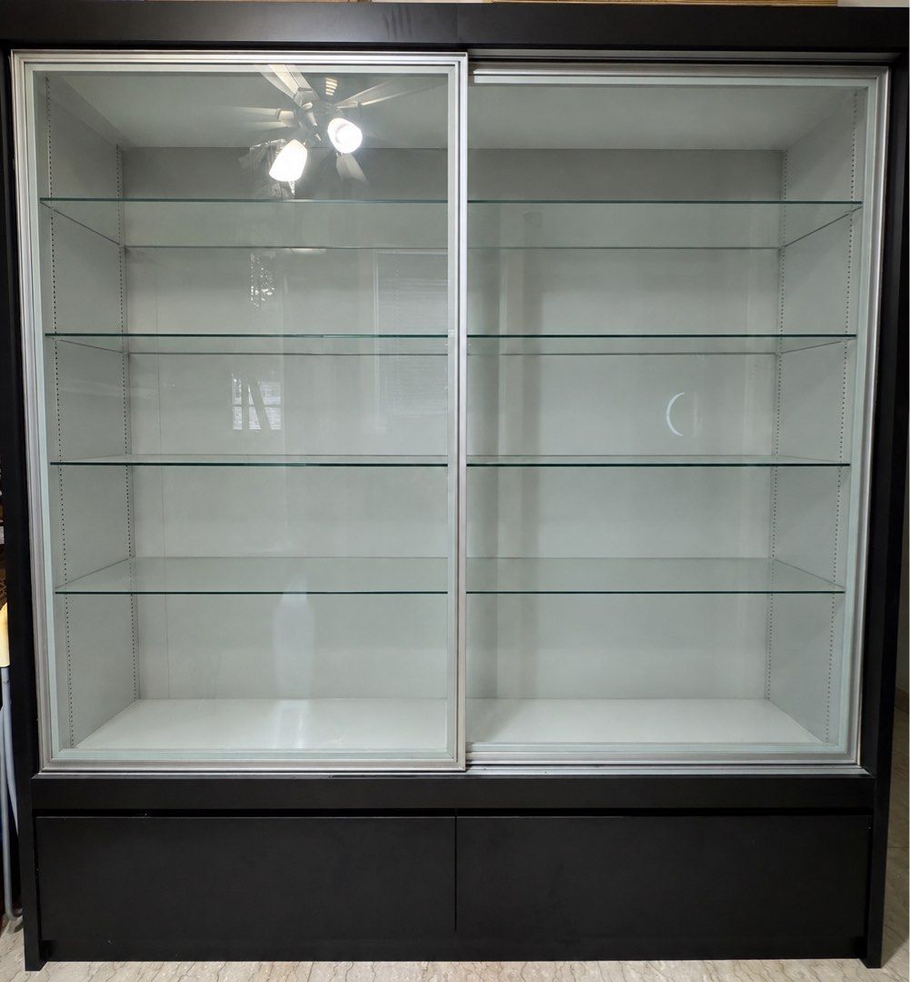 Custom Black Glass Display Cabinet with Sliding Doors, Furniture & Home ...