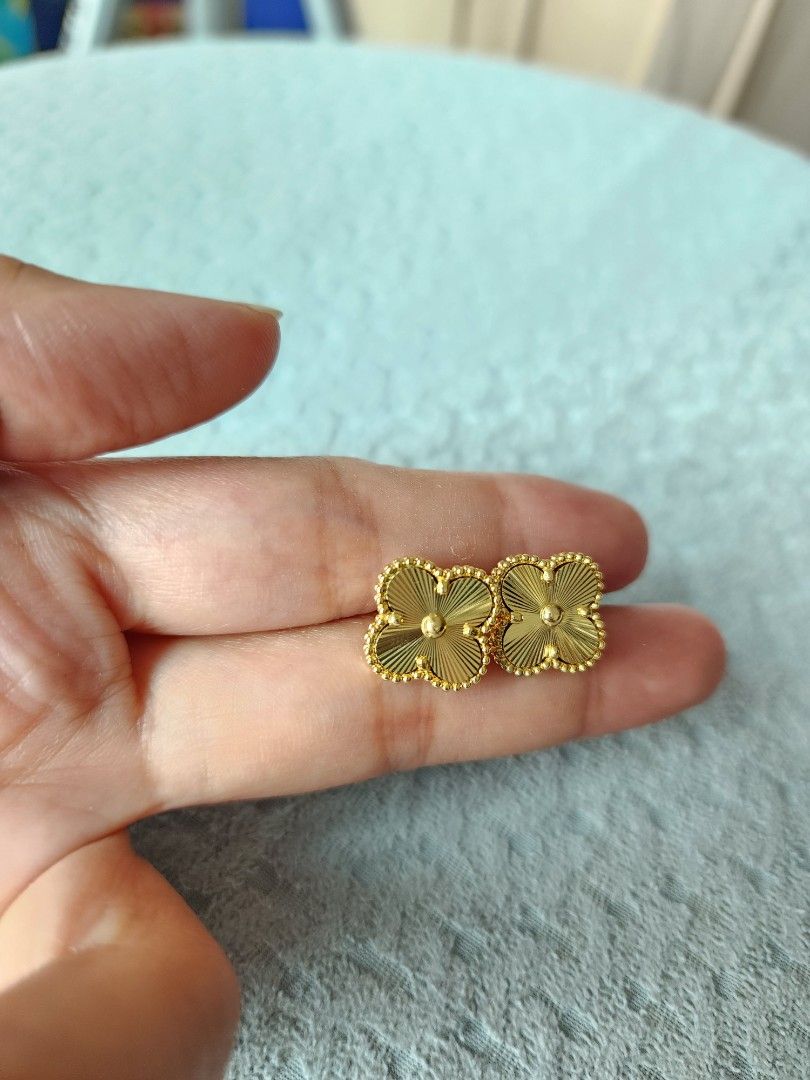 Gold Clover Stud Earrings, Women's Fashion, Jewelry & Organisers ...