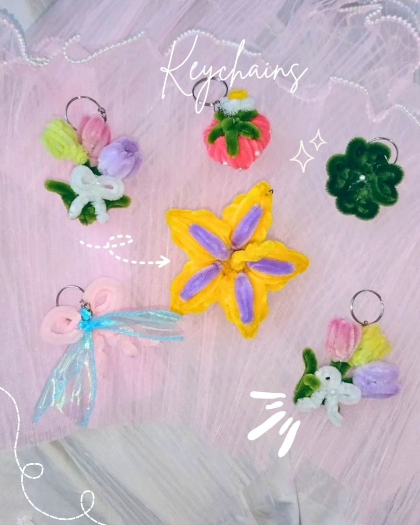 Handmade Fuzzy Flower, Tulip, Clover, Ribbon, and Strawberry Keychains ...