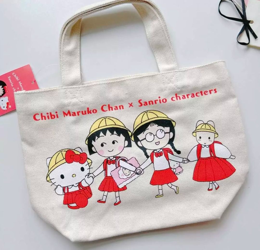 日本 櫻桃小丸子 Chibi Maruko Chan x Sanrio Characters KITTY 米白色帆布 手挽袋, 女裝, 手袋及 ...