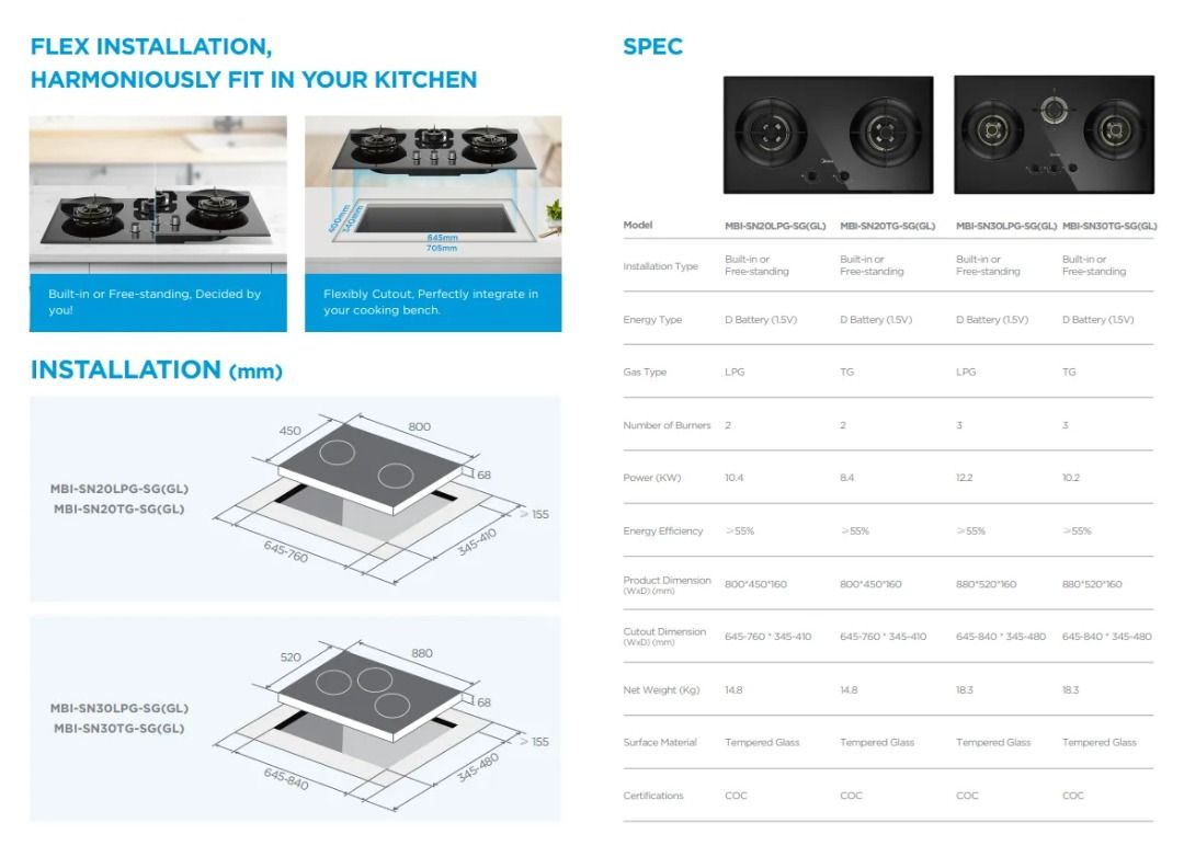 MIDEA 2/3 BURNER GLASS/STAINLESS STEEL BUILT-IN GAS HOB, TV & Home ...