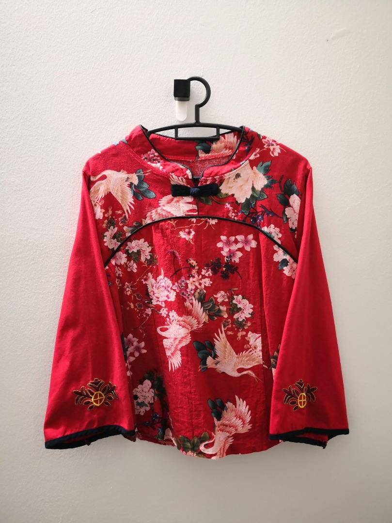 Red Floral Qi Pao Top, Women's Fashion, Tops, Blouses on Carousell