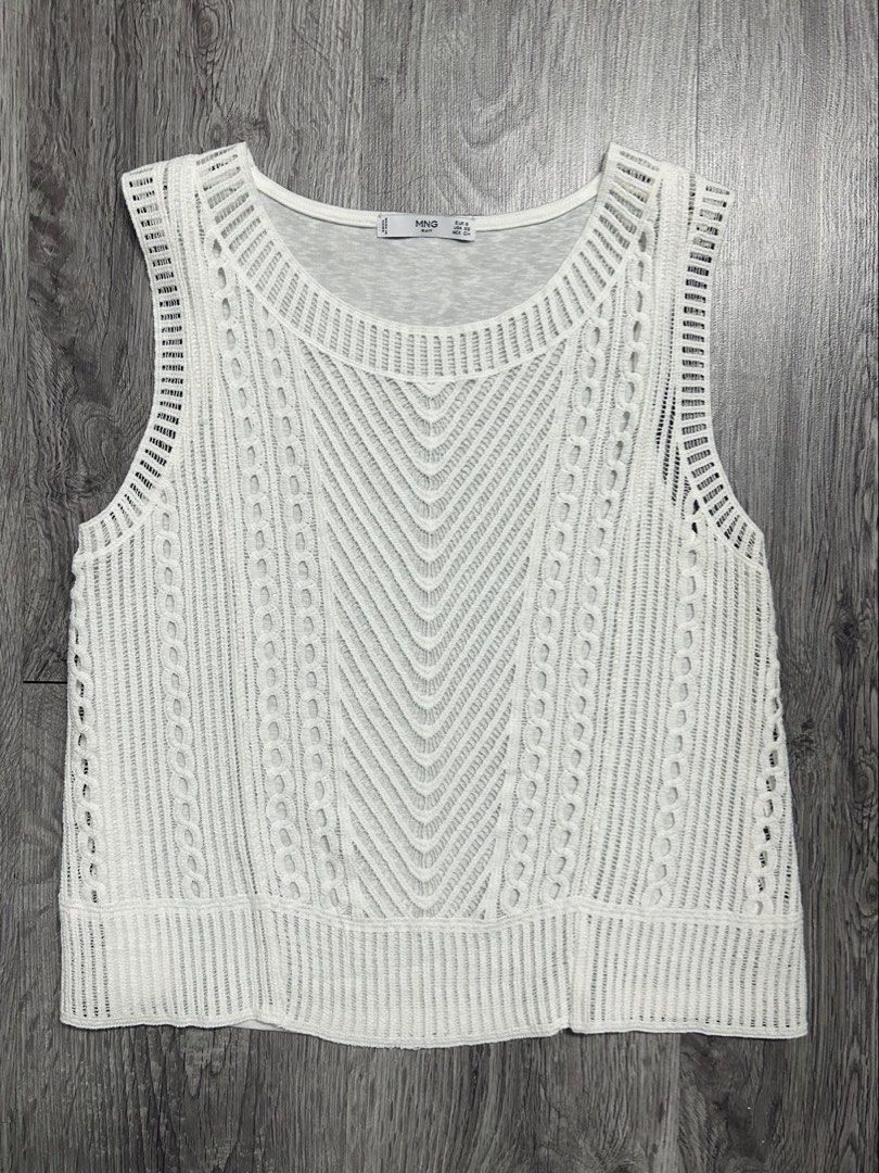 Mango MNG Suit Openwork Crochet Knit Cotton Blend White Tank Top, Women ...