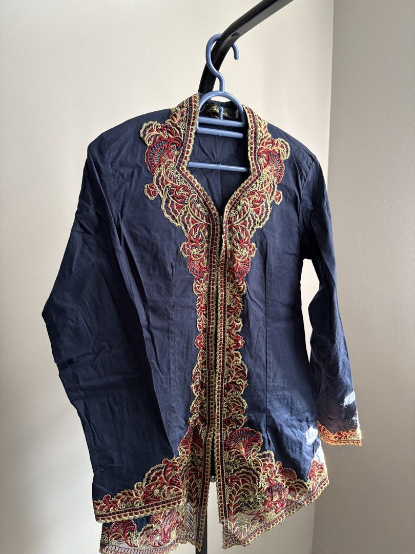 Navy Blue Kebaya Top with Red and Gold Embroidery, Women's Fashion ...