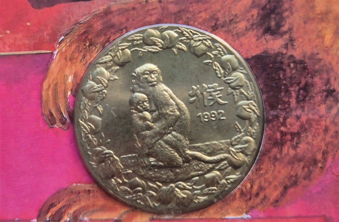 1992 Singapore Lunar Golden MONKEY Medallion with $1 Coin and Ship $2 ...