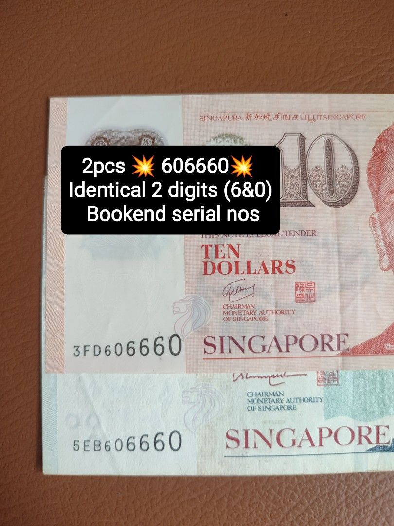 2pcs Singapore $10 & $50 Banknotes - Identical Bookend Serial Nos ...