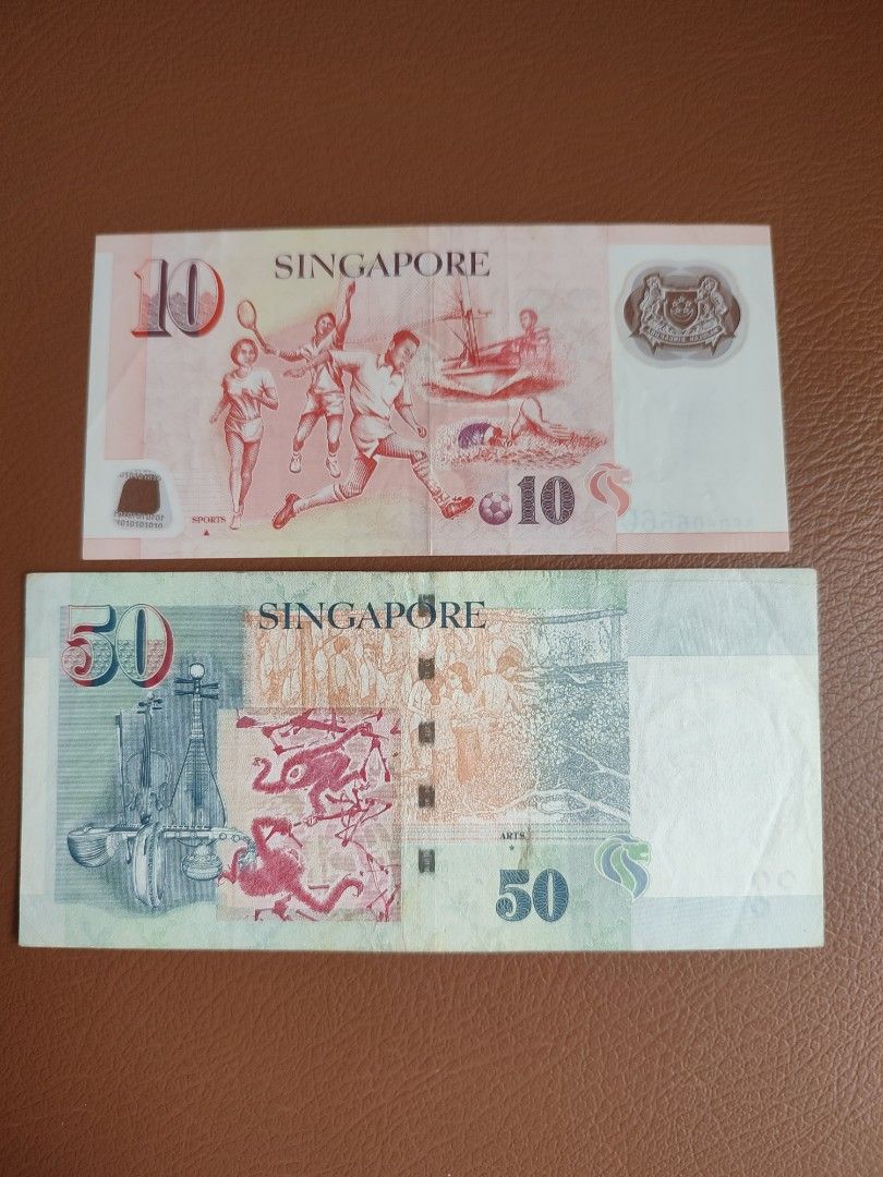 2pcs Singapore $10 & $50 Banknotes - Identical Bookend Serial Nos ...