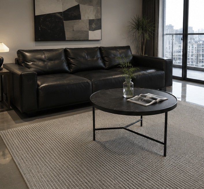 Modern Round Coffee Table | Black Stone Effect Tempered Glass | 80cm ...