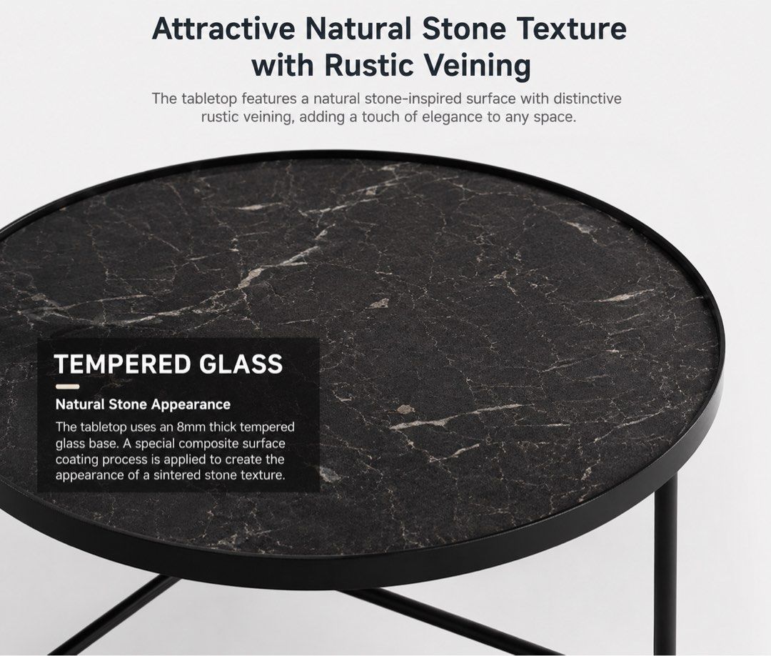 Modern Round Coffee Table | Black Stone Effect Tempered Glass | 80cm ...