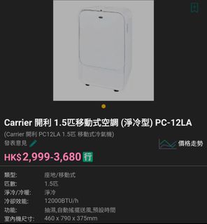 開利 1.5匹 移動冷氣 pc-12ma Carrier Air Conditioner, 家庭電器, 冷氣機及暖風機 - Carousell