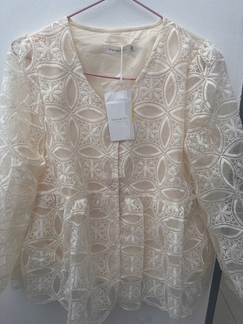 Grace & Chili Cream Lace Overlay Blouse Size S, Women's Fashion, Tops ...