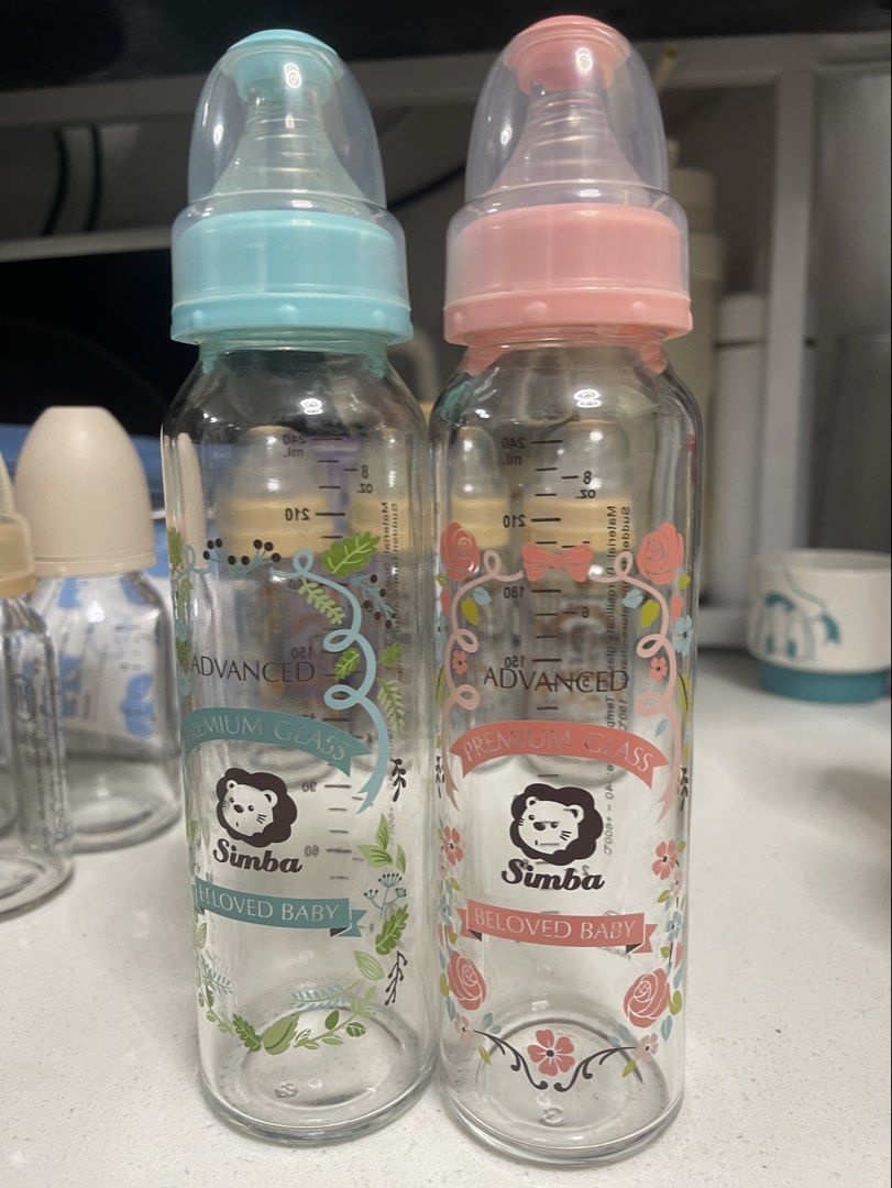 Simba窄口玻璃奶樽 240ml (藍色/粉紅色), 兒童＆孕婦用品, 護理及餵哺, 護理及餵哺 - 母乳及奶瓶 - Carousell