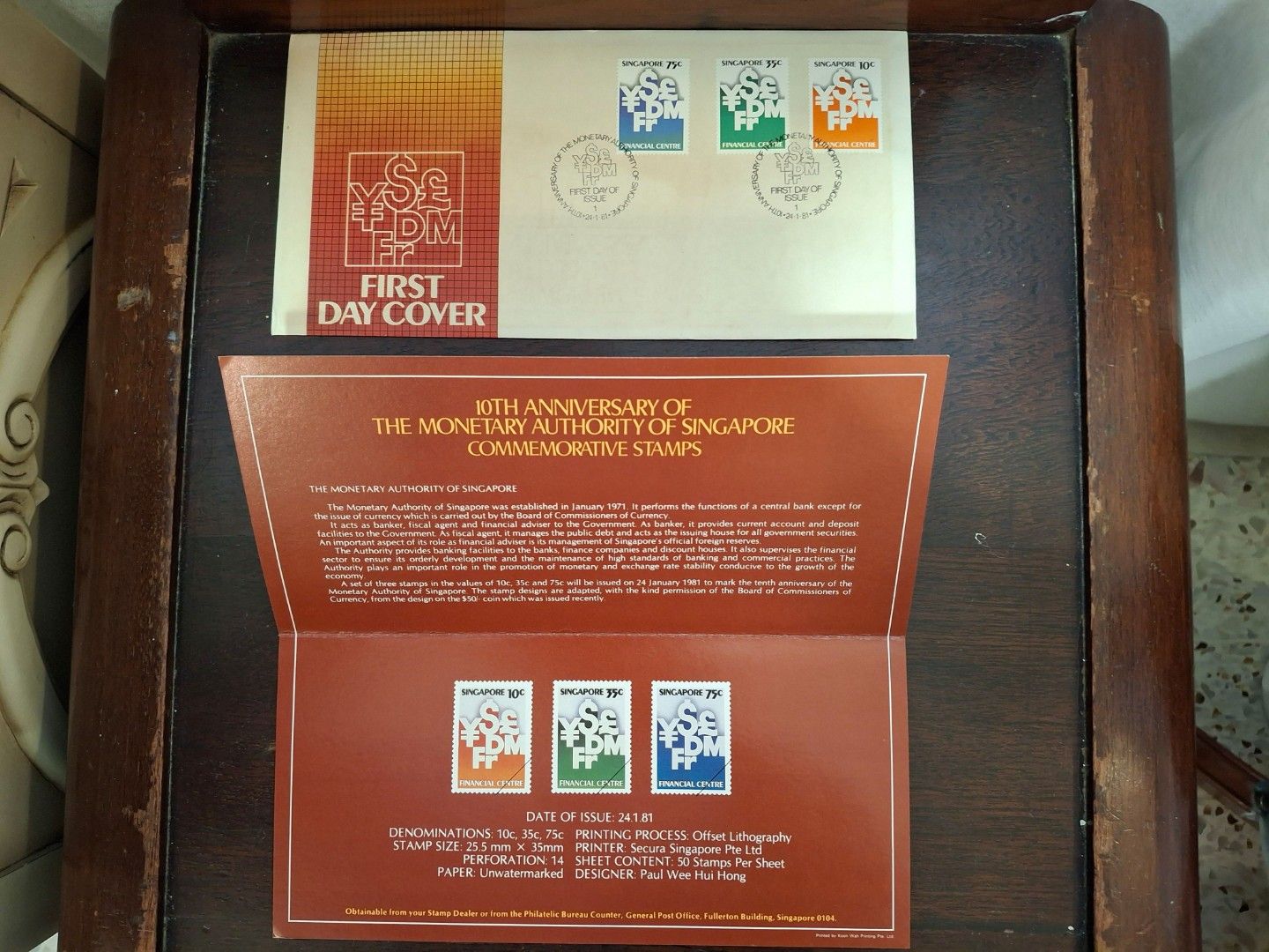 10th Anniversary Monetary Authority of Singapore FDC + 3 Mint Stamps ...