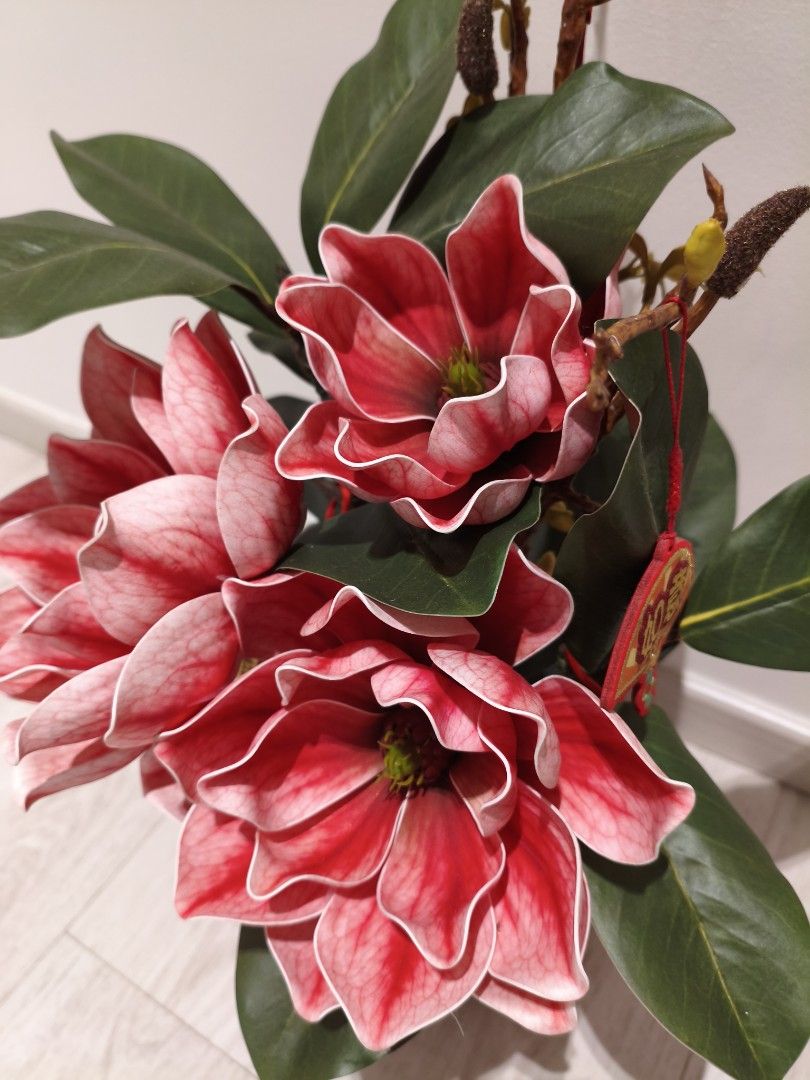 45cm tall artificial Flower Arrangement with pot and deco . Red flower ...