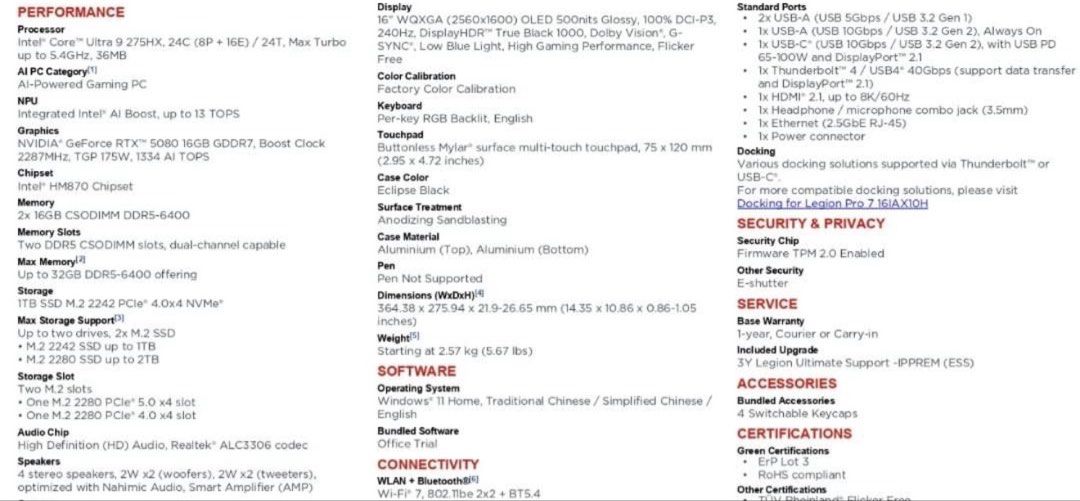 LENOVO LEGION PRO 7 16" ULTRA 9-275HX | 83F5002LSB | 32GB RAM | 1TB SSD ...