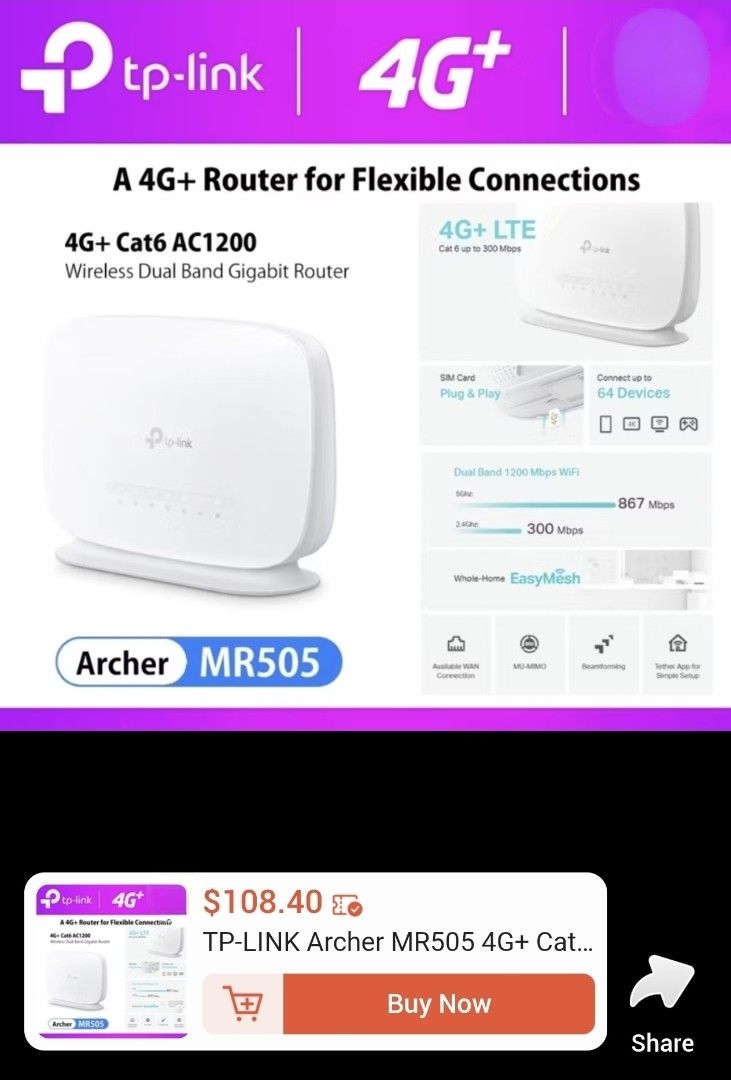 TP-LINK Archer MR505 4G+ Cat6 AC1200 Wireless Dual Band Gigabit Router ...